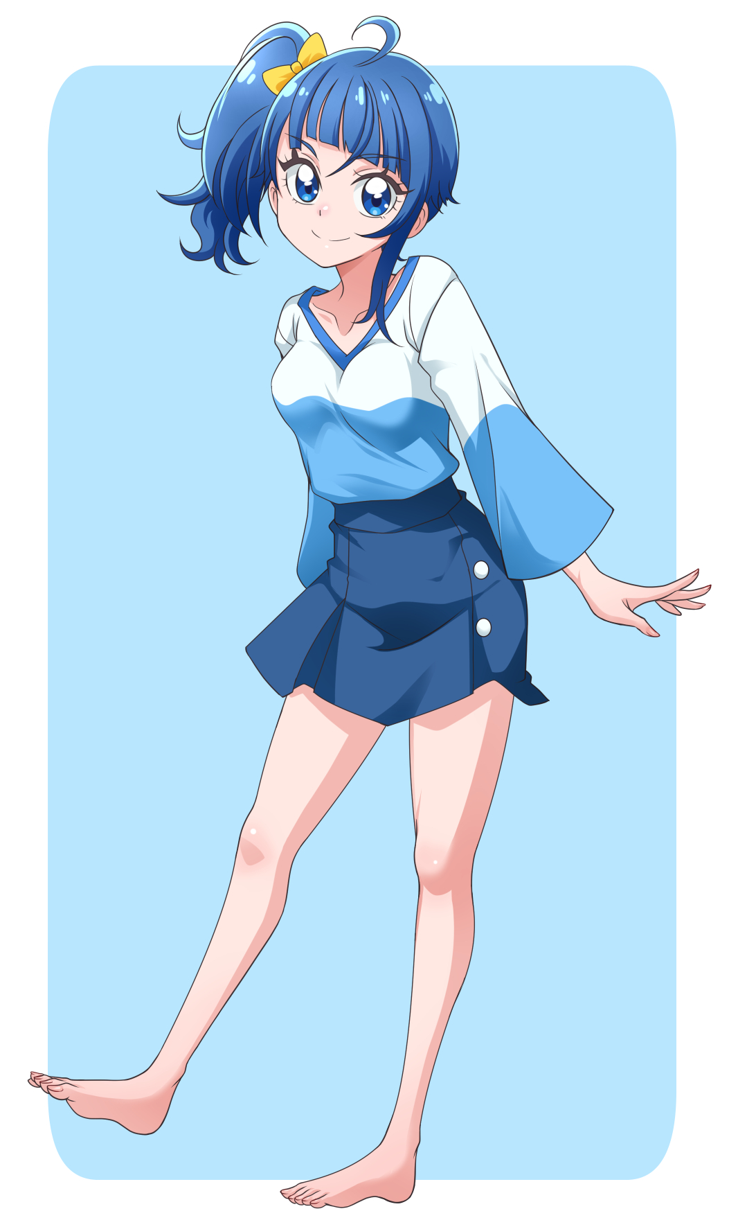 Safebooru - 1girl ahoge bare legs barefoot blue eyes blue hair blue shirt blue skirt bow closed ...