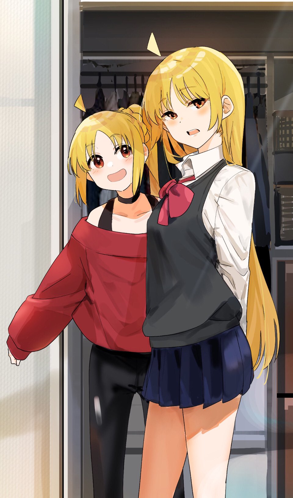 Safebooru - 2girls :d ahoge alternate costume bangs black choker black pants blonde hair blush ...