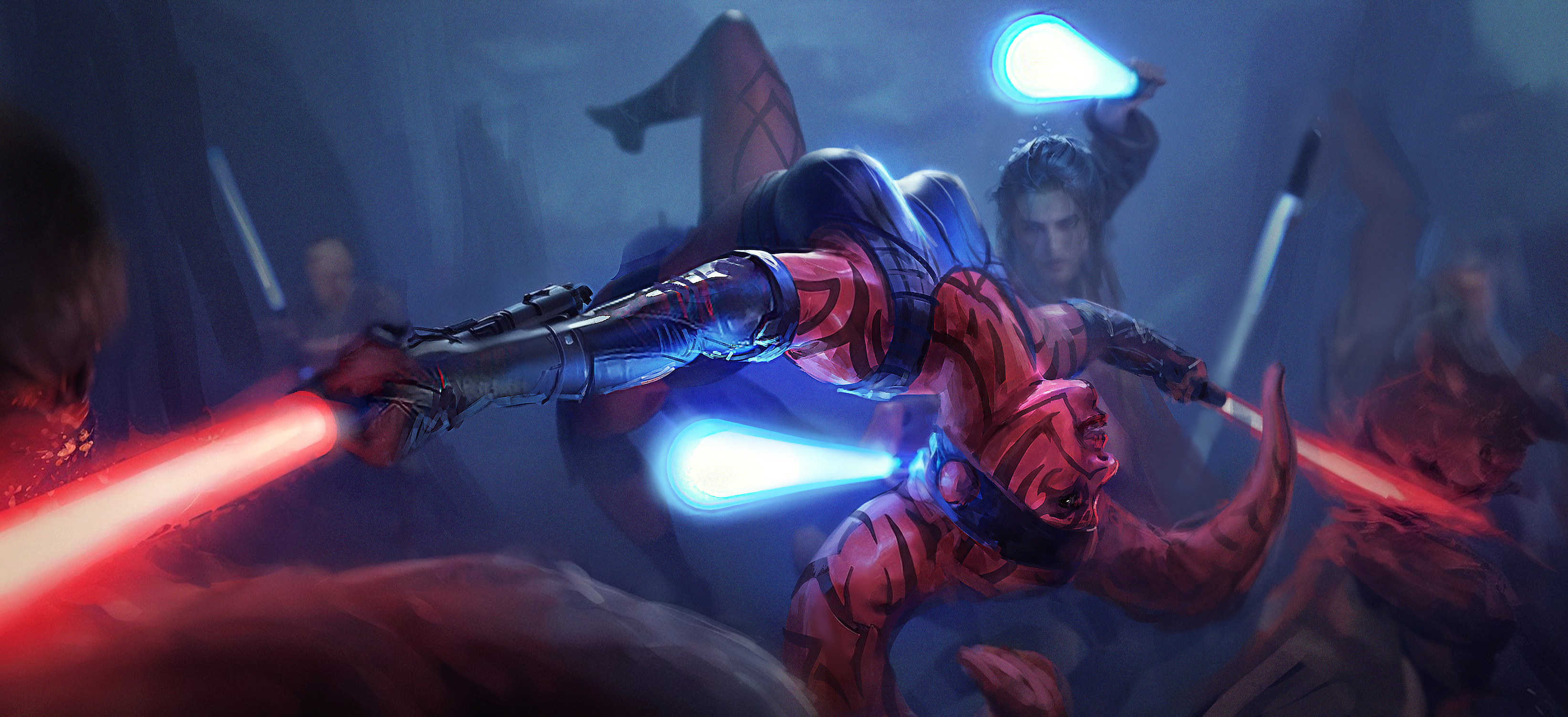 Safebooru - 1boy 1girl 3others absurdres alien arm tattoo backflip blue ...