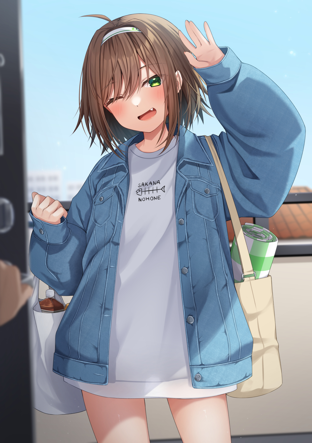 Safebooru - 1boy 1girl ;d ahoge arm up bag bangs blue jacket blue sky blurry blurry foreground ...