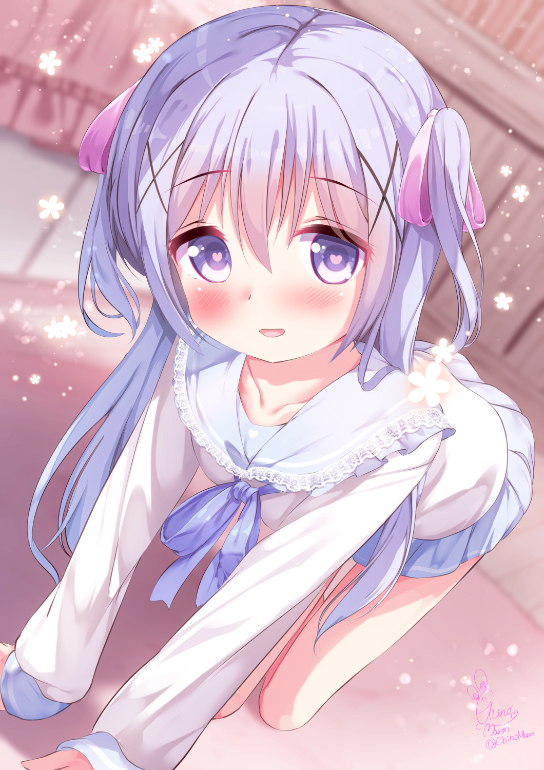 Safebooru - 1girl :d all fours bangs blue eyes blue hair blue sailor collar blue skirt blurry ...