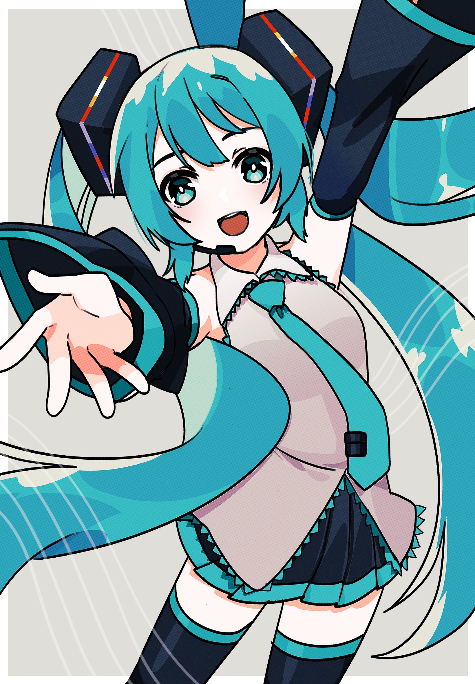 Safebooru - 1girl aqua eyes aqua hair aqua necktie arms up black skirt black sleeves black ...