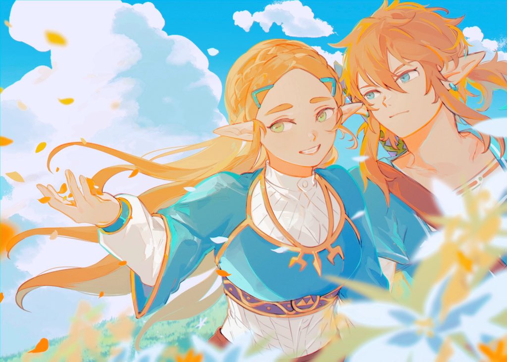 Safebooru - 1boy 1girl bangs blonde hair blue eyes blue flower blue jacket blue shirt blue sky ...