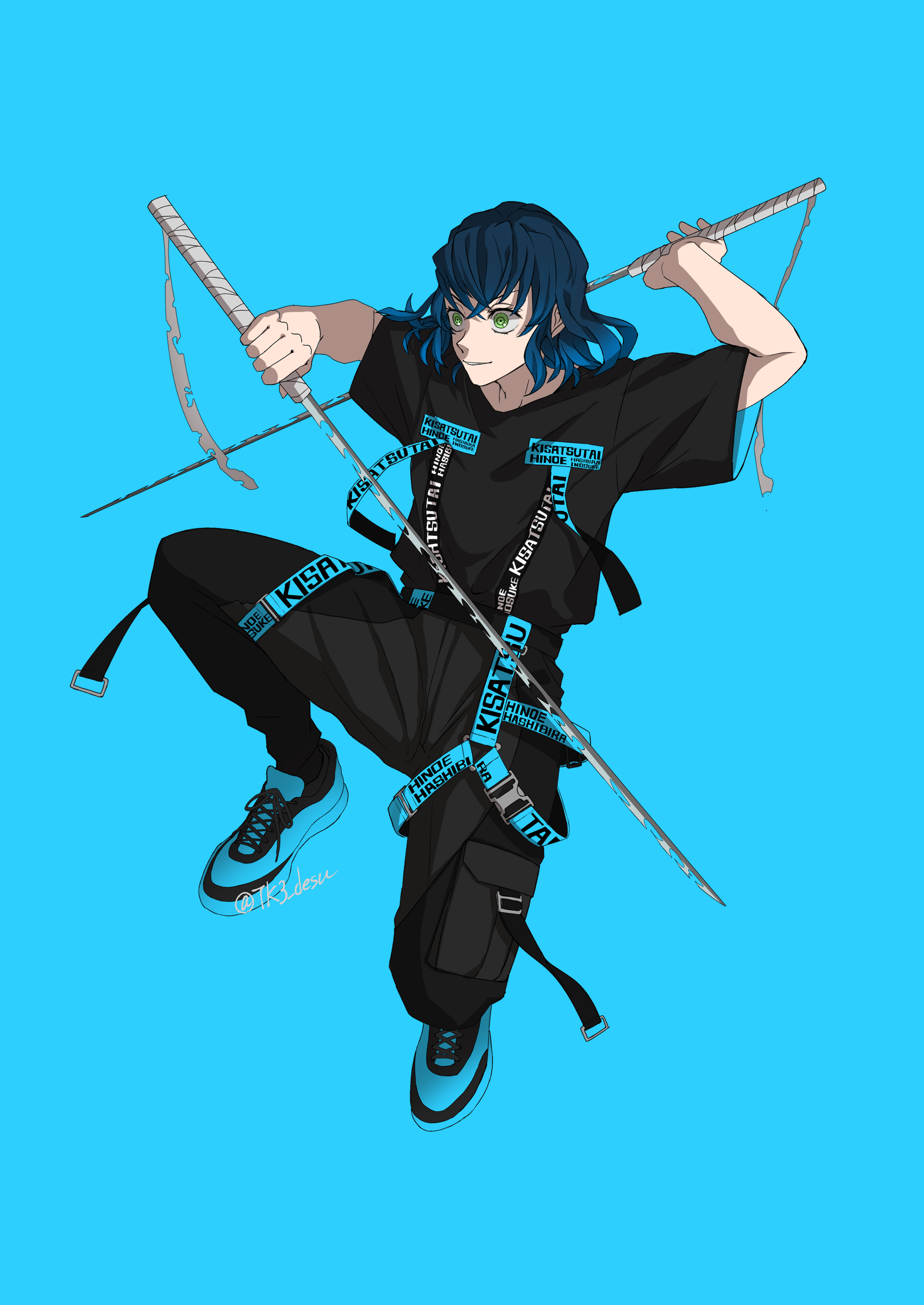 Safebooru - 1boy absurdres alternate costume bangs black hair black pants black shirt blue ...
