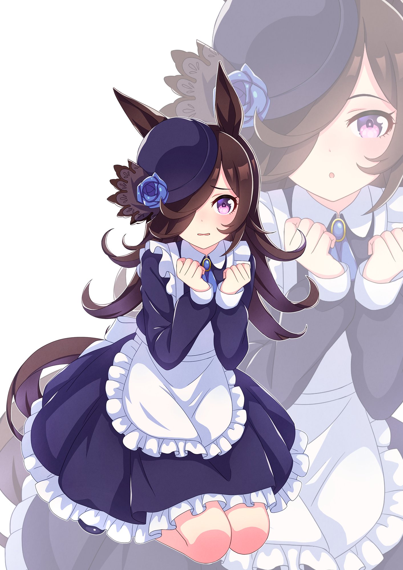 Safebooru - 1girl alternate costume animal ears apron black hair blush breasts clenched hands ...