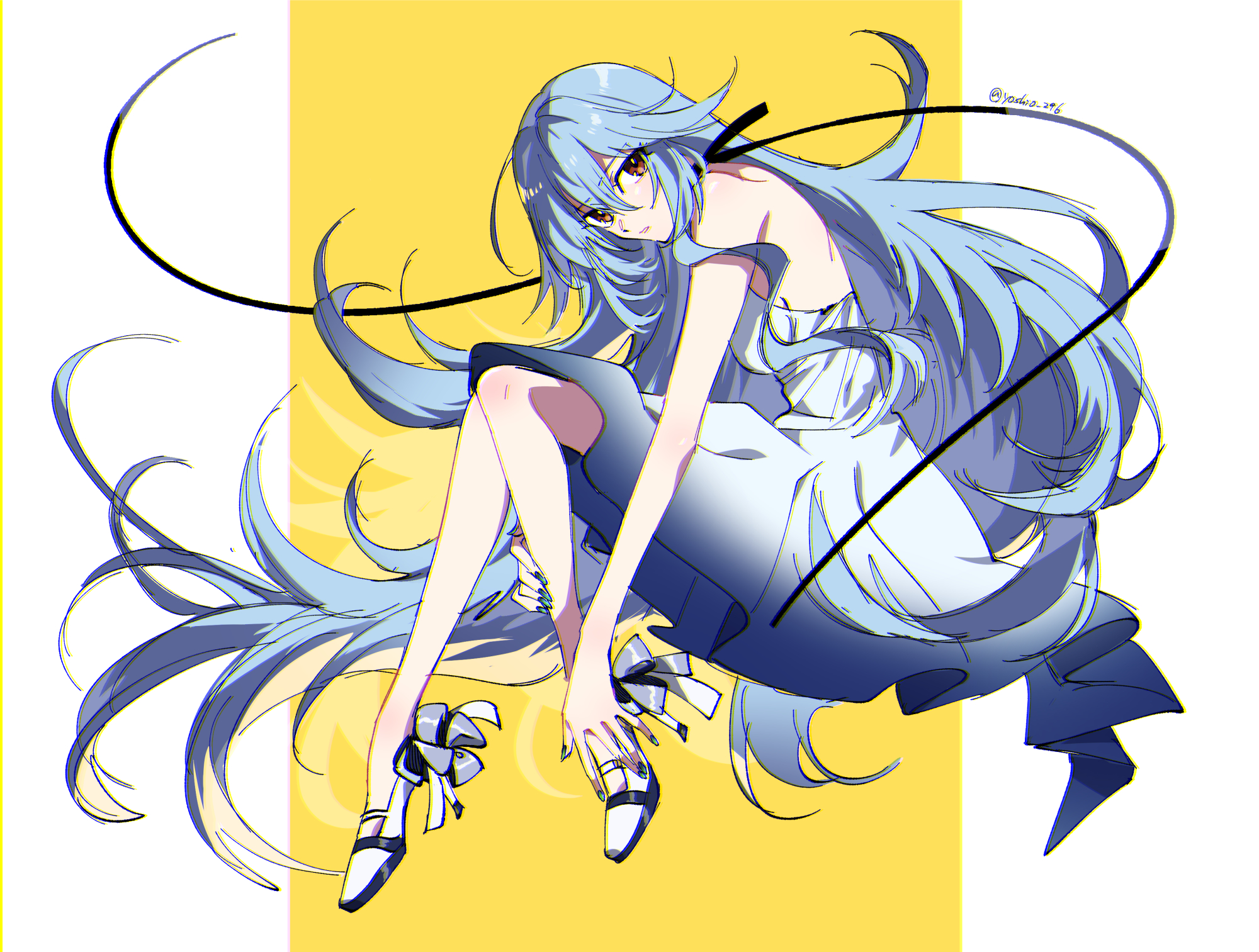 Safebooru - 1girl absurdly long hair ankle bow ayanami rei bangs black ribbon blue dress blue ...