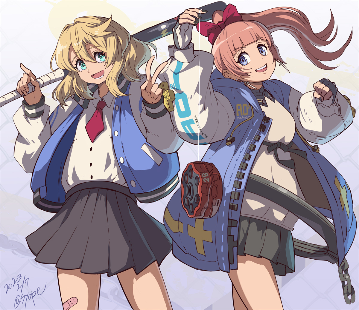 Safebooru - 2girls aqua eyes bandaid bandaid on leg baseball bat black gloves black skirt blue ...