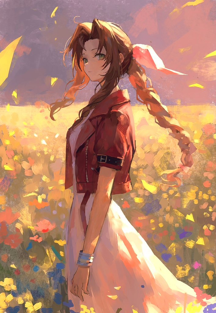 Safebooru - 1girl aerith gainsborough arm belt bracelet braid brown hair dress expressionless ...