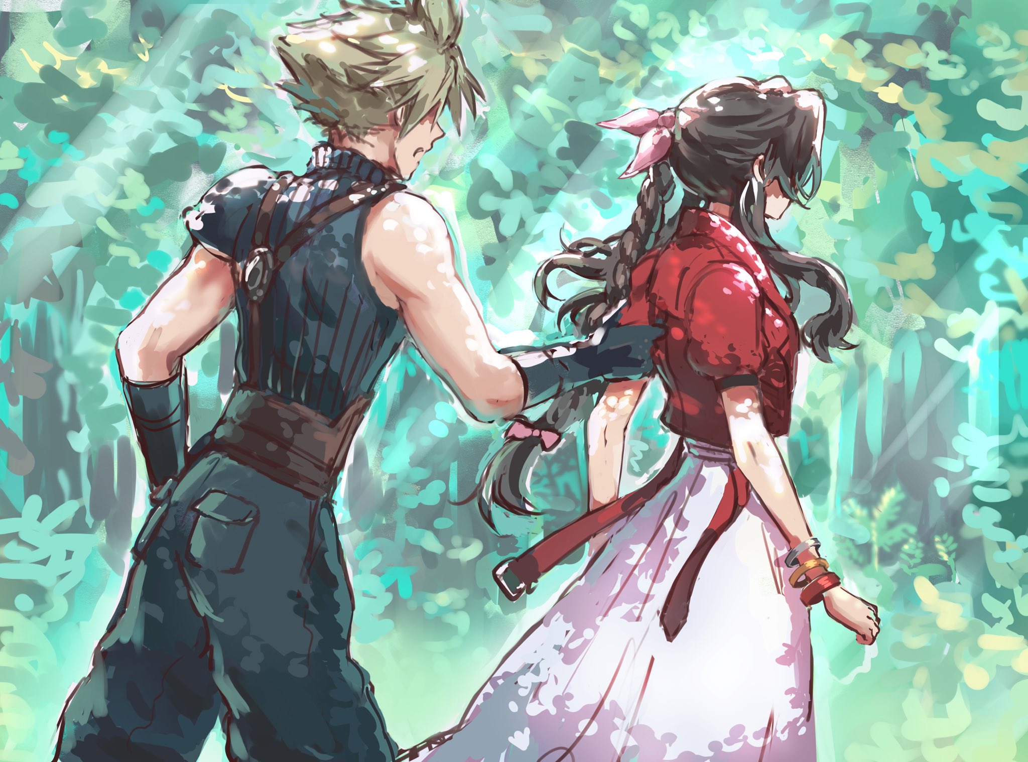 Safebooru - 1boy 1girl aerith gainsborough armor bangle belt black gloves blonde hair blue pants ...