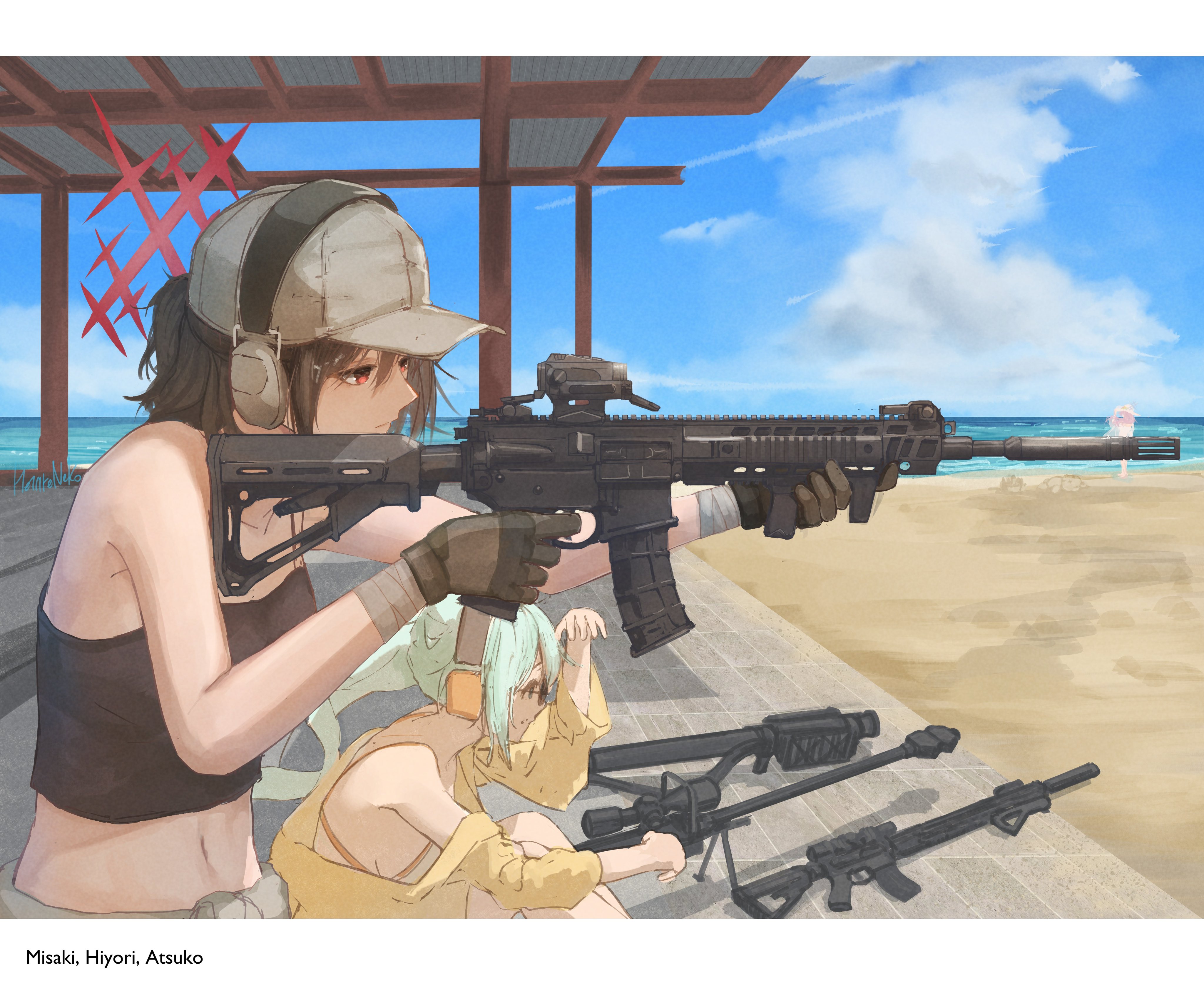 Safebooru - 2girls absurdres aiming anti-materiel rifle aqua hair ar-15 assault rifle bandages ...