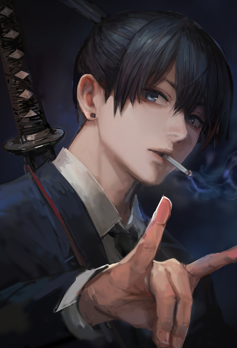 Safebooru - 1boy bangs black hair black jacket black necktie blue eyes chainsaw man cigarette ...