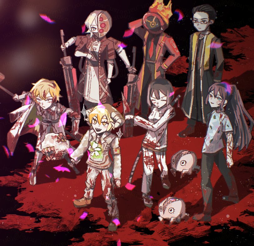 Safebooru - 1other 3boys 3girls black hair blonde hair blood blood in ...