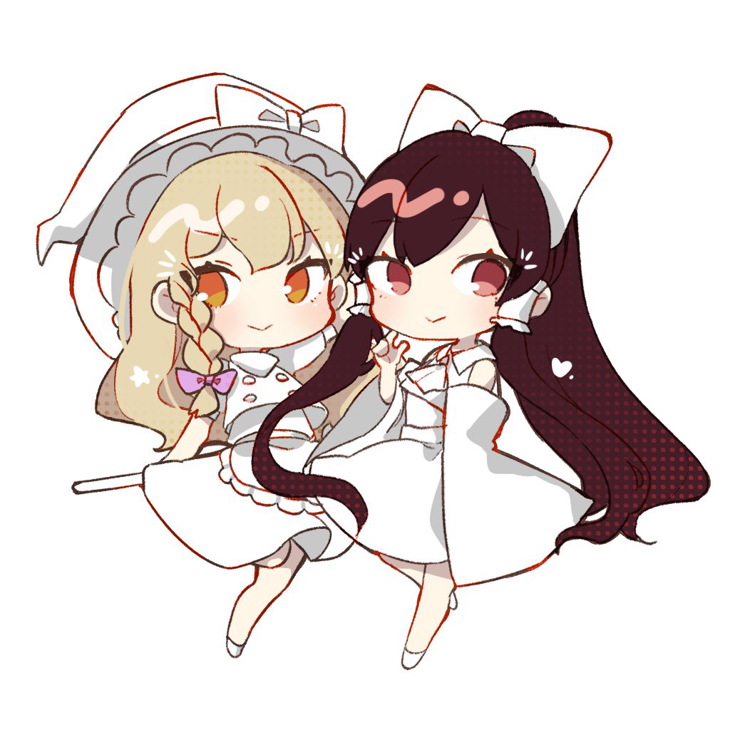 Safebooru - 2girls bangs black hair blonde hair blush braid chibi dress ...