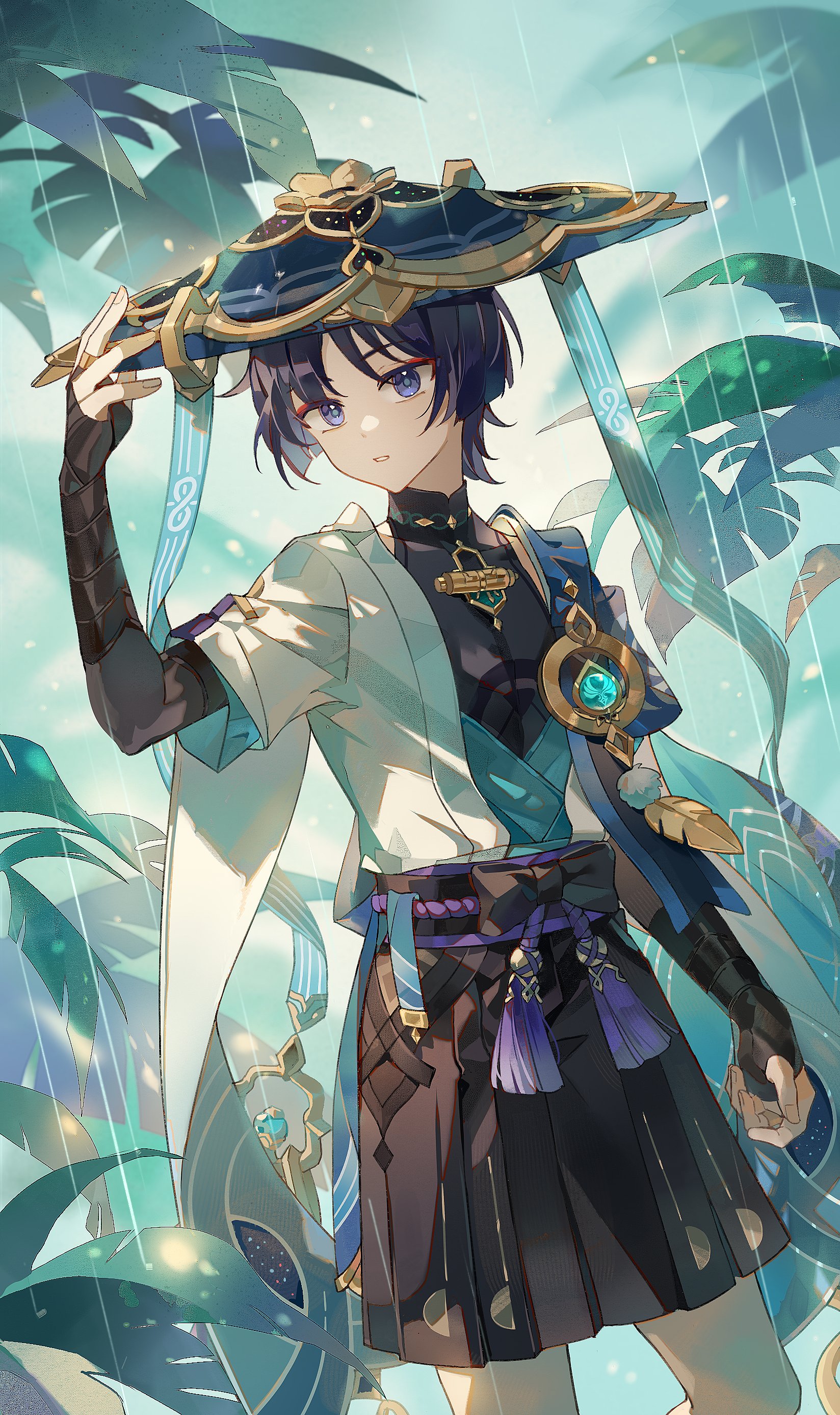 Safebooru - 1boy absurdres arm up bangs belt black belt black bow black gloves black shirt black ...