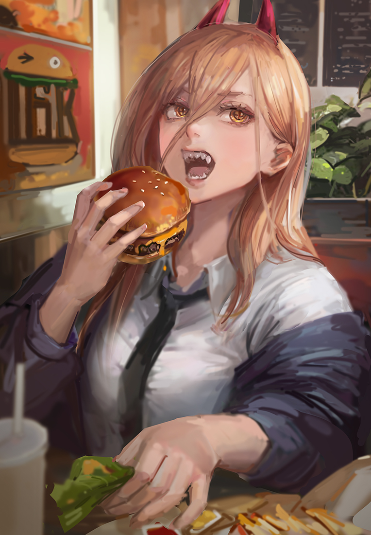 Safebooru - 1boy bangs black necktie blonde hair blue jacket burger chainsaw man collared shirt ...