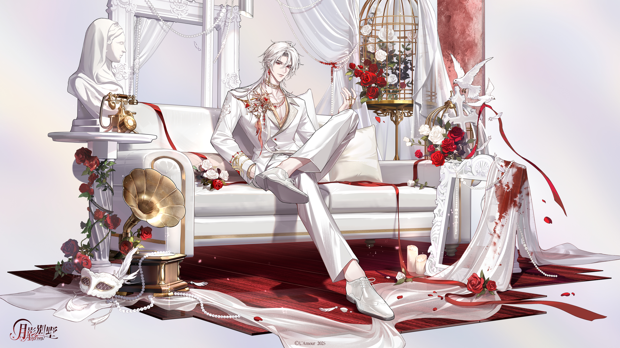 Safebooru - 1boy ambiguous red liquid antique phone ayer (white ...