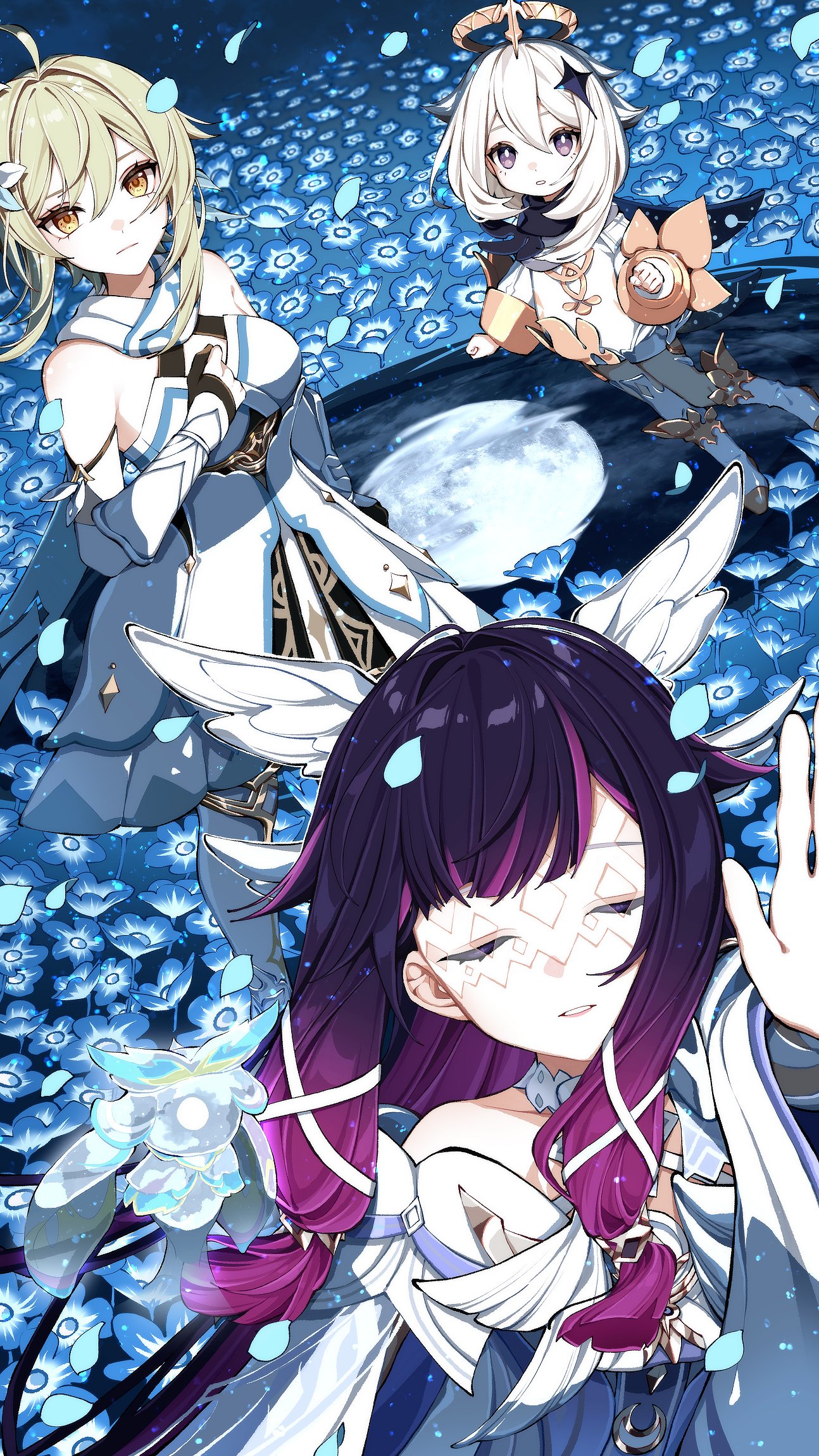 Safebooru - 3girls bare shoulders black gloves black hair blonde hair ...