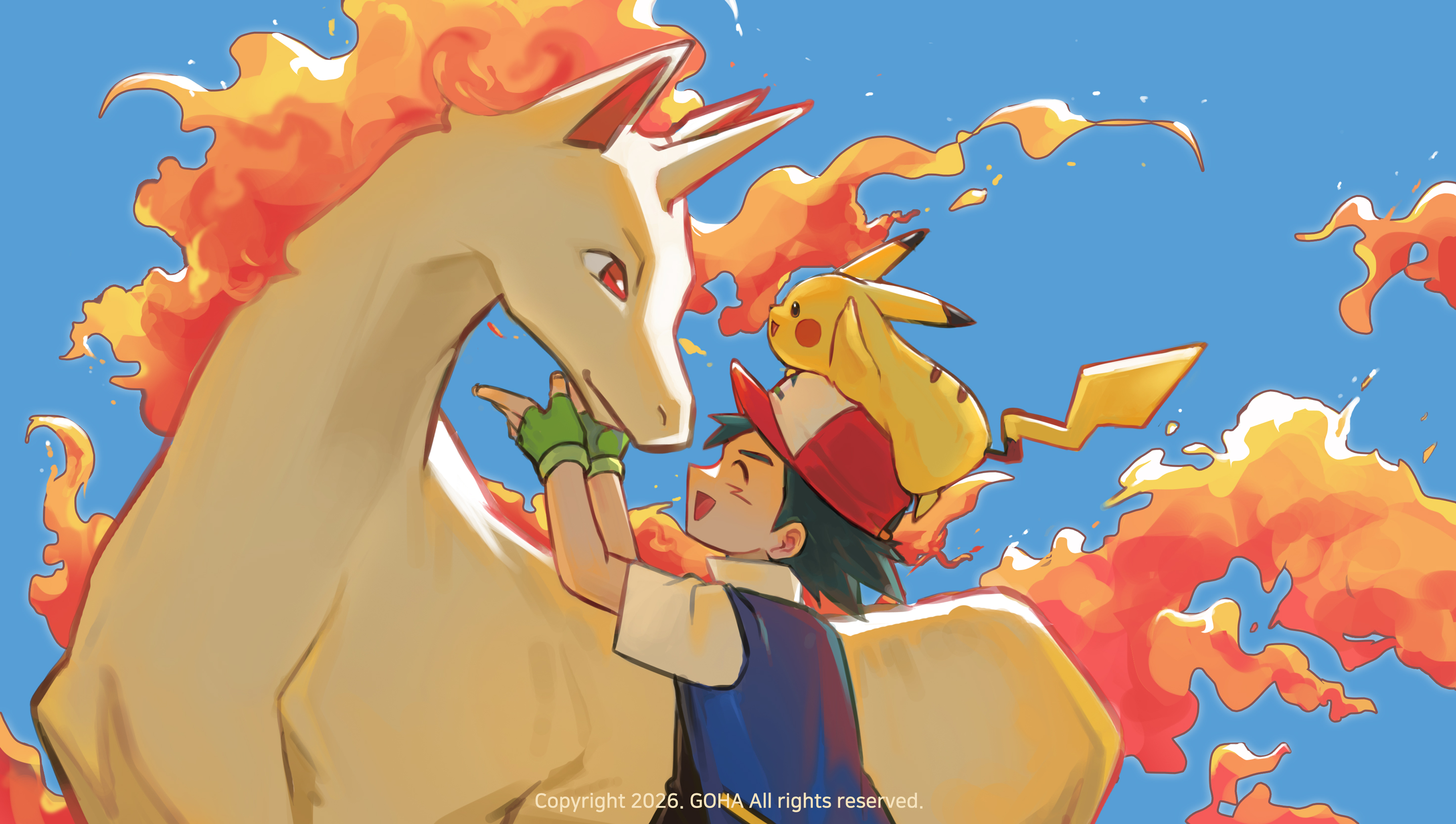 Safebooru - 1boy :d arms up ash ketchum black hair clear sky closed ...