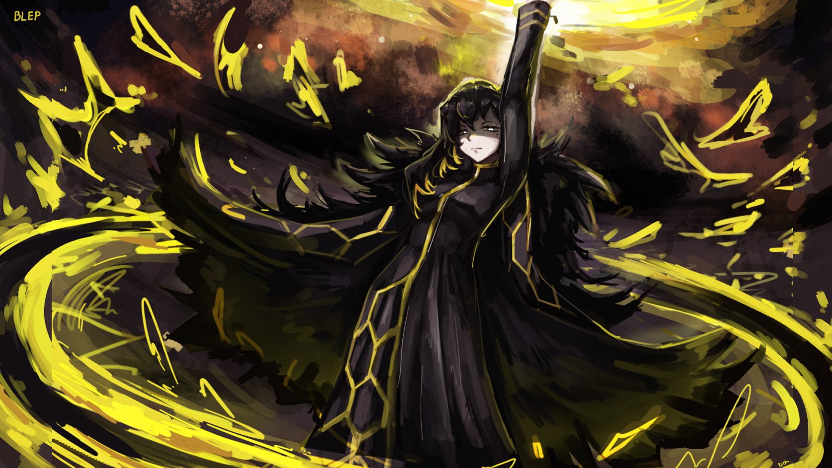 Safebooru - 1girl arm up artist name binah (project moon) black cape ...