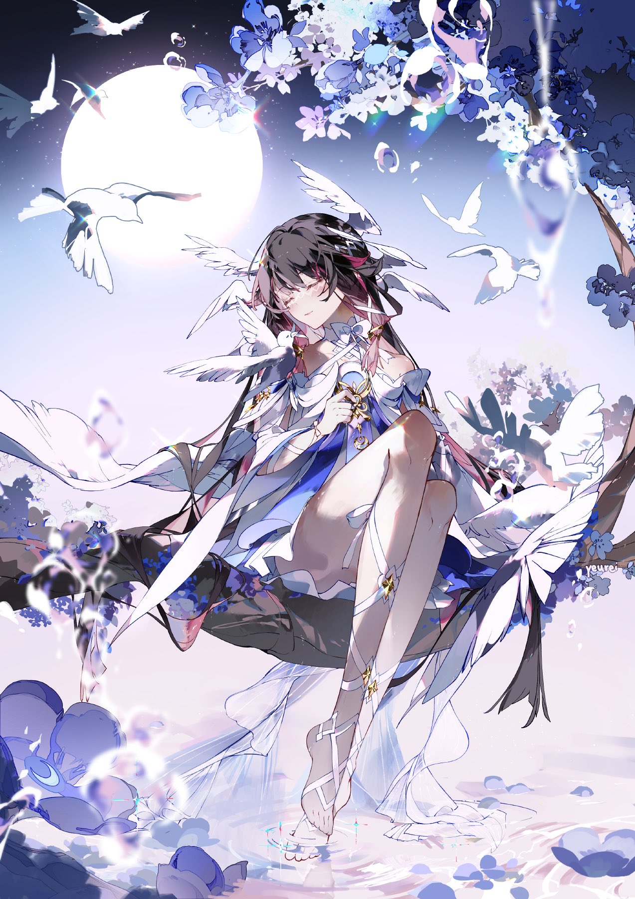Safebooru - 1girl bare shoulders barefoot bird black hair branch closed ...