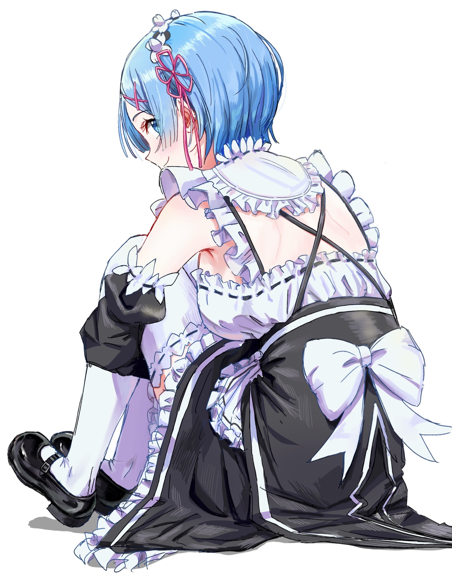 Safebooru - 1girl apron back bow blue eyes blue hair blush bow breasts ...