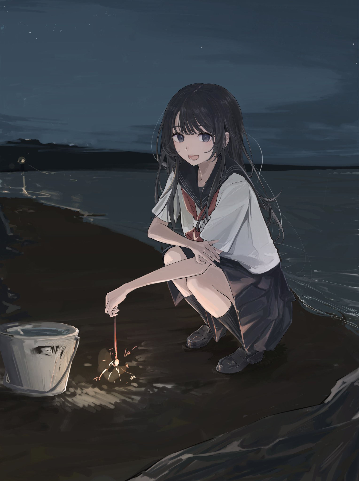 Safebooru - 1girl :d beach black eyes black hair black sailor collar ...