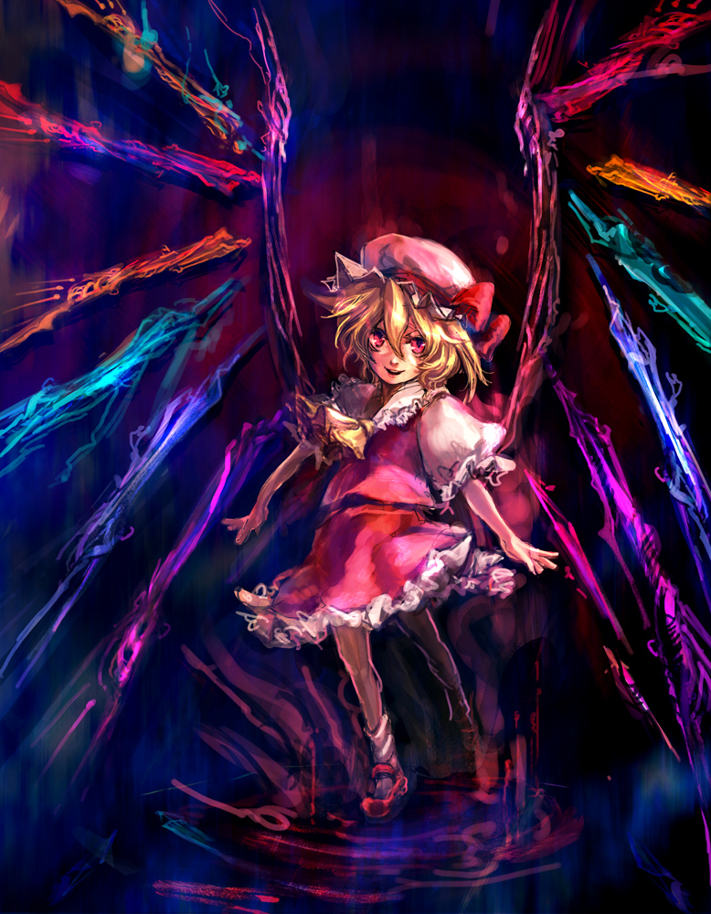 Safebooru - 1girl ascot blonde hair dark background flandre scarlet ...