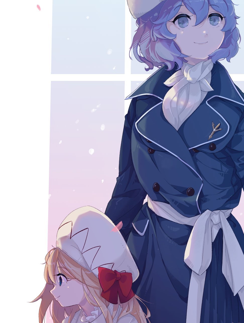 Safebooru - 2girls blonde hair blue coat blue eyes blue hair bow buttons closed mouth coat ...