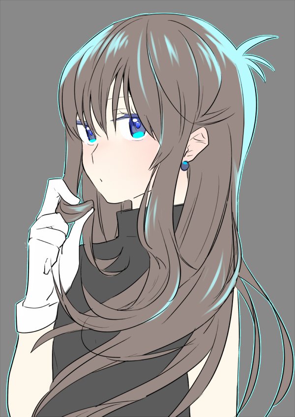 Safebooru - 1girl bangs black dress blue eyes brown hair closed mouth dress earrings eyelashes ...
