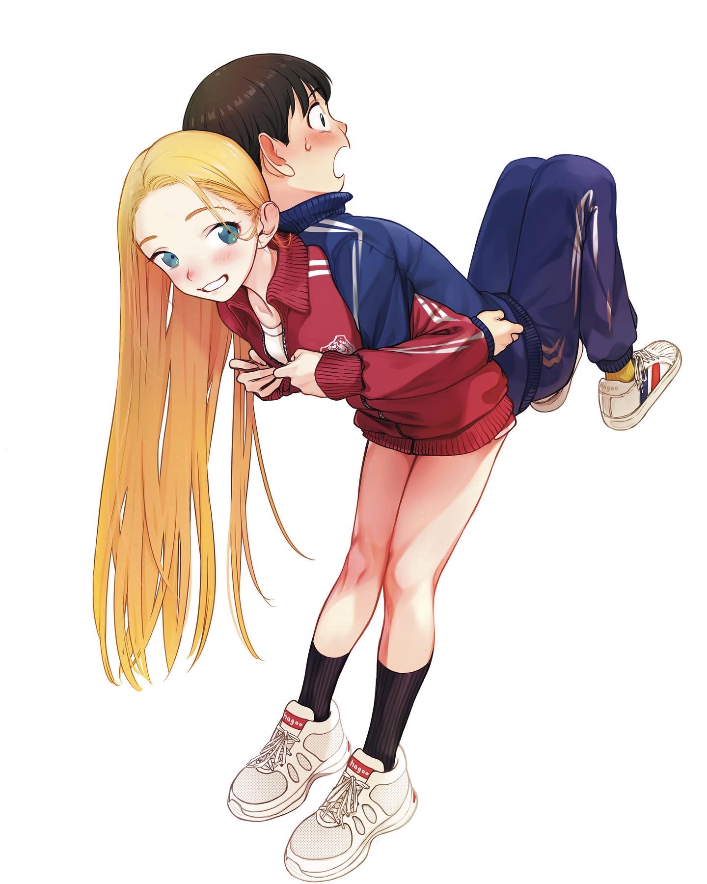 Safebooru - 1boy 1girl back-to-back black eyes black hair black socks blonde hair blue eyes blue ...
