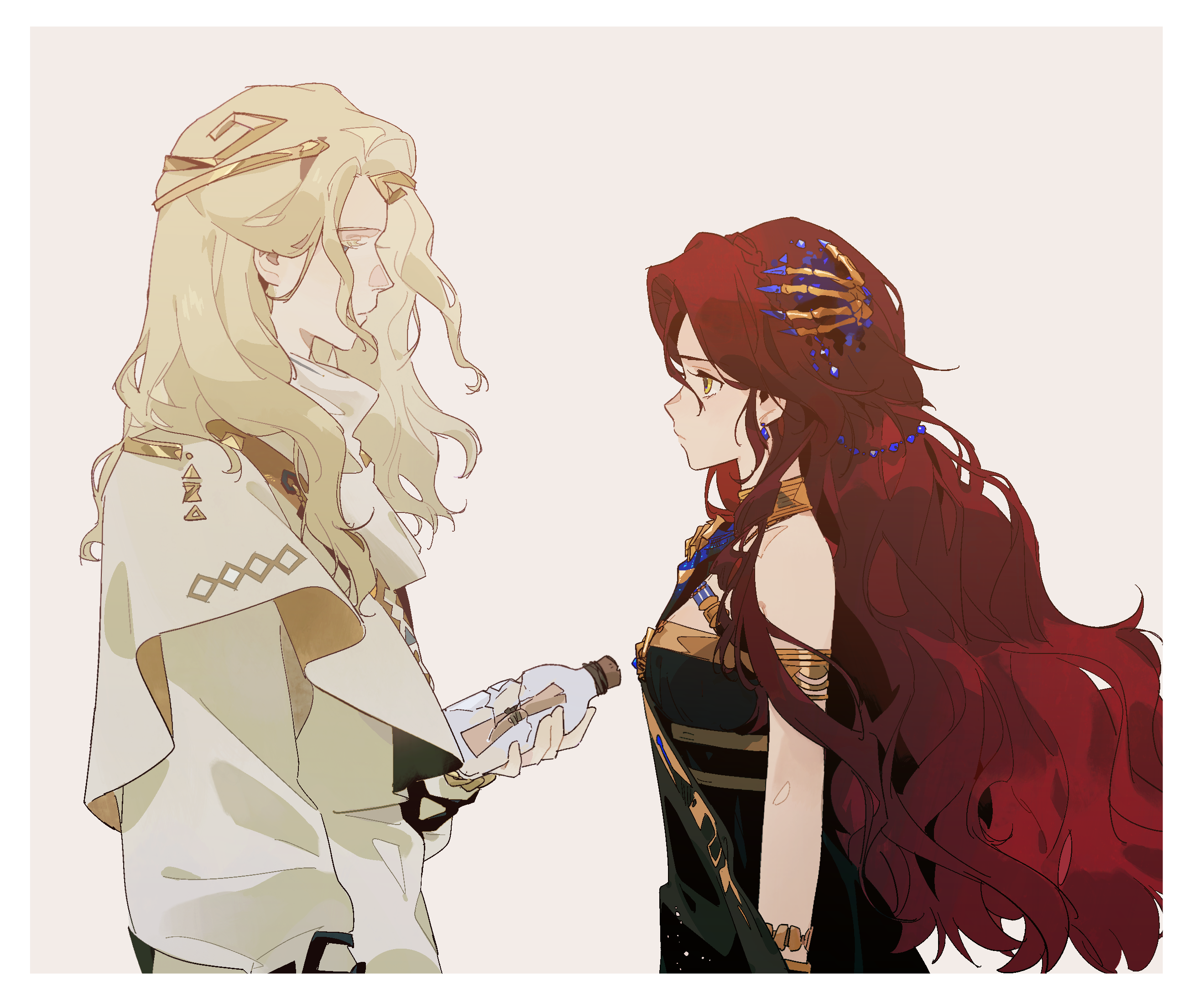 Safebooru - 1boy 1girl 6 (reverse:1999) ancient greek clothes armlet black dress blonde hair ...