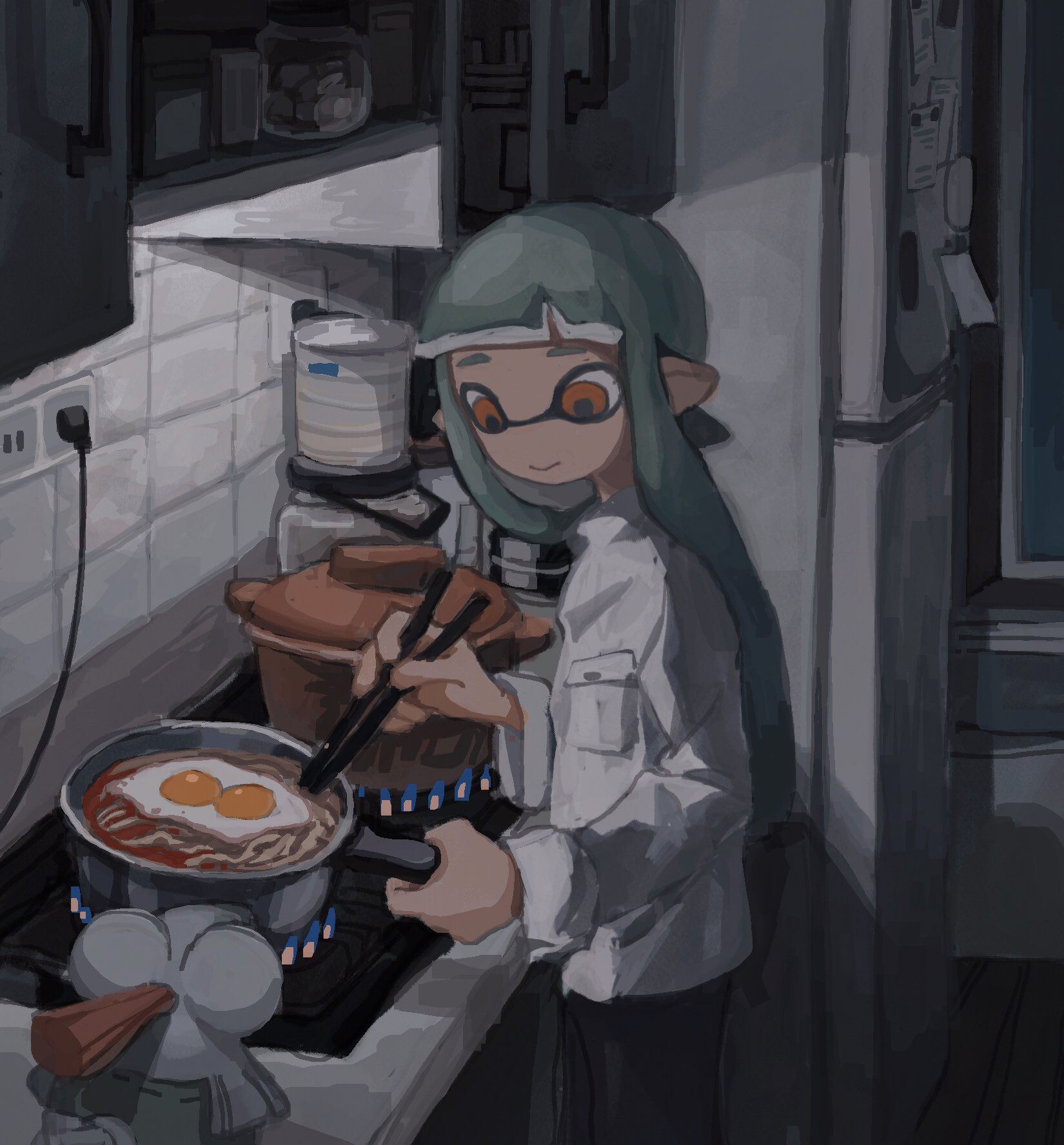 Safebooru - 1girl agent 3 (splatoon) black pants chopsticks cooking dr ...