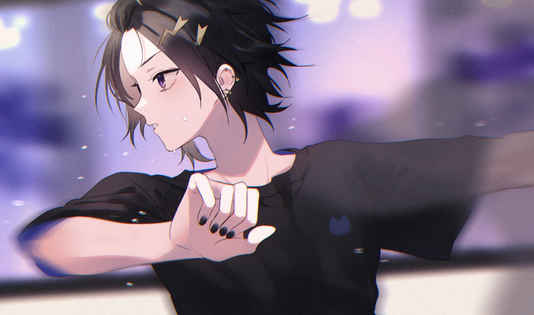 Safebooru - 1boy animal print bangs pinned back black nails black shirt blurry blurry background ...