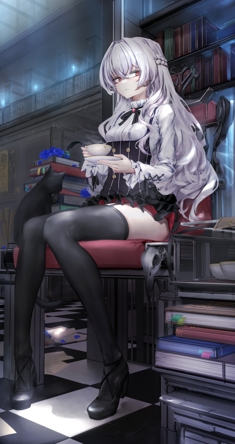 Safebooru - 1girl bangs black bow black bowtie black footwear black thighhighs book bookshelf ...