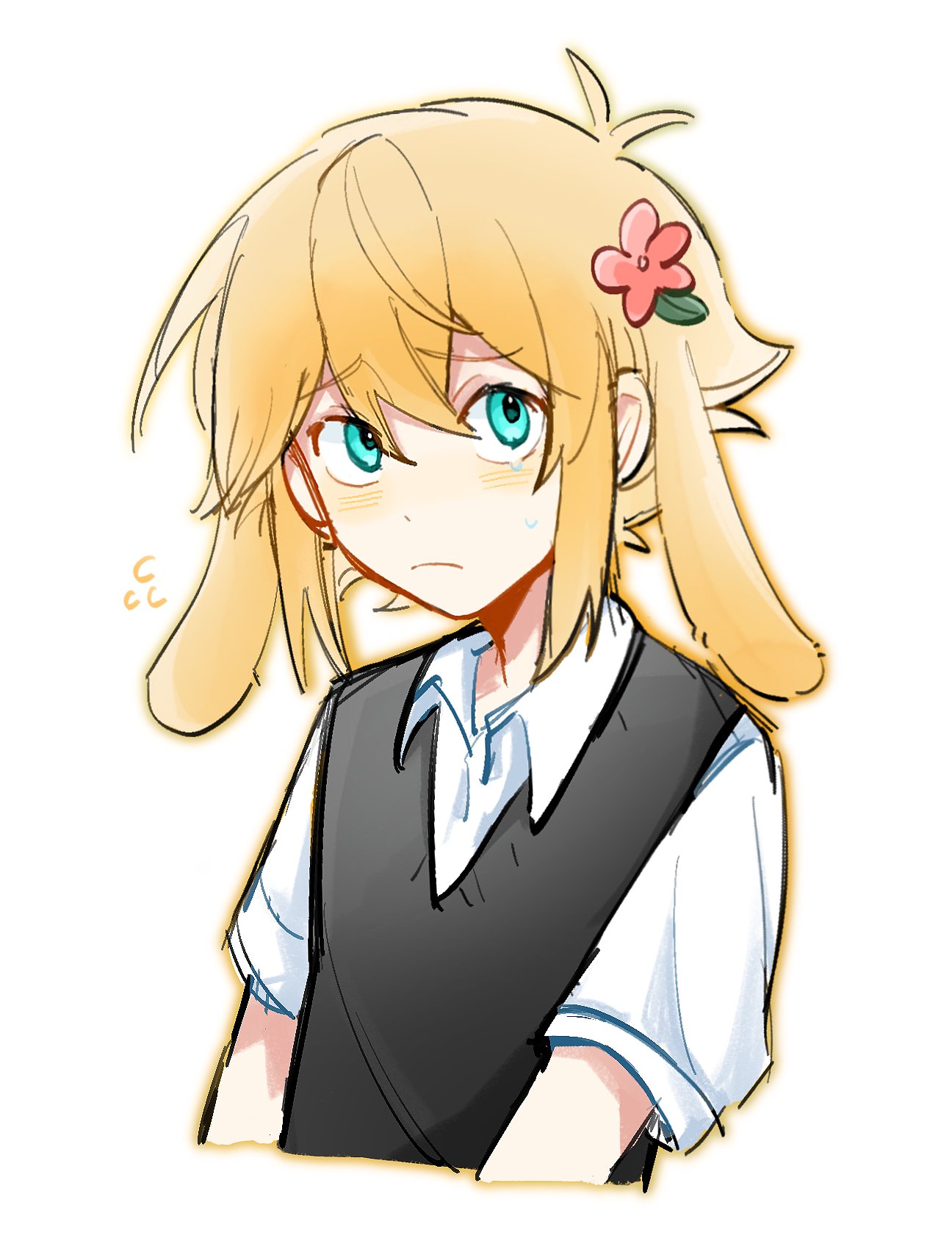 Safebooru - 1boy animal ears basil (omori) black sweater vest blonde hair blue eyes blush ...