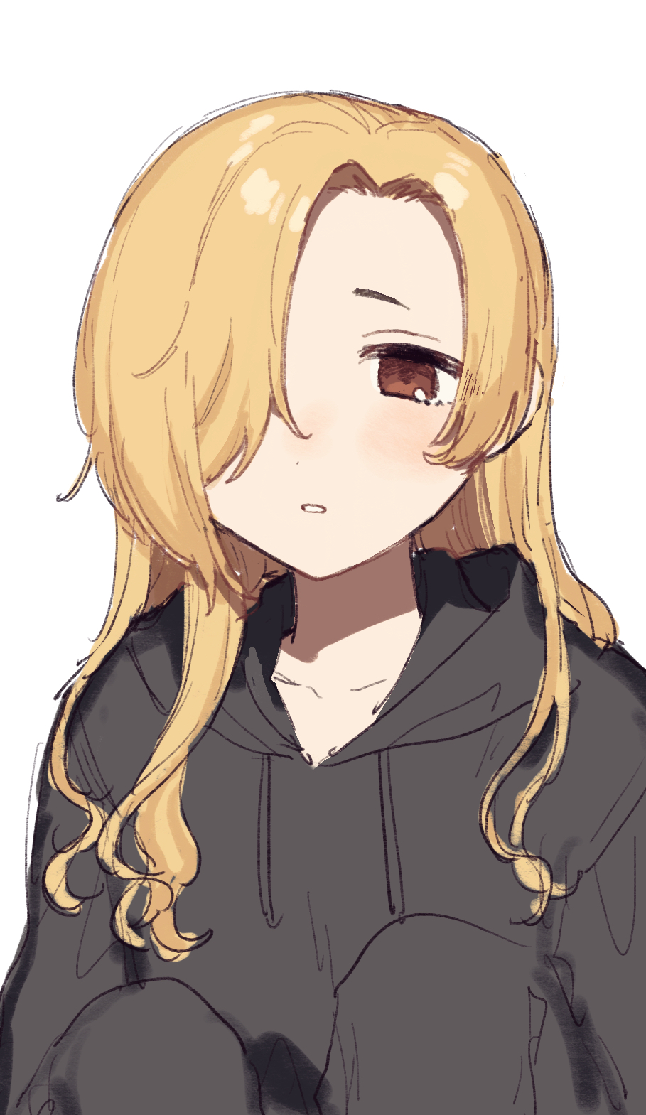 Safebooru - 1girl alternate hair length alternate hairstyle bangs black hoodie blonde hair ...