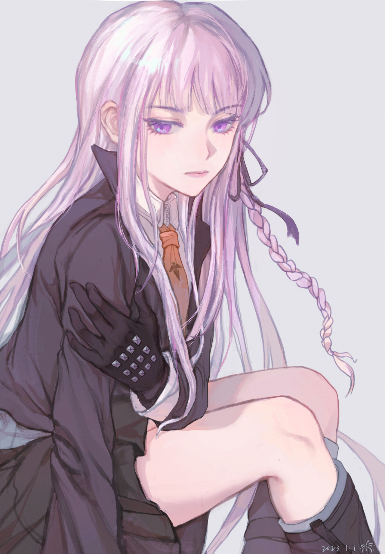 Safebooru - 1girl bangs black footwear black gloves black ribbon black skirt boots braid cha ...