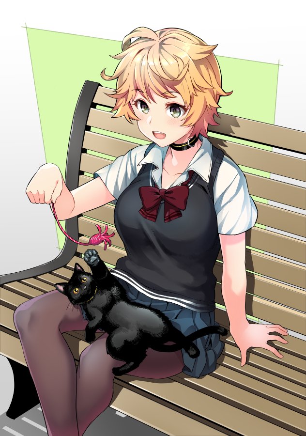 Safebooru - 1girl animal bangs bench black cat black choker black pantyhose black sweater vest ...