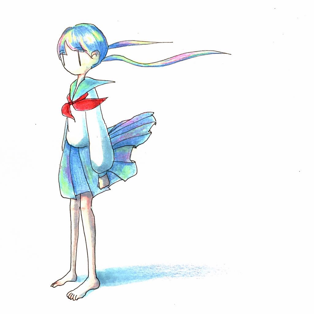 Safebooru - 1girl arms at sides bangs barefoot blue hair blue sailor collar blue skirt floating ...