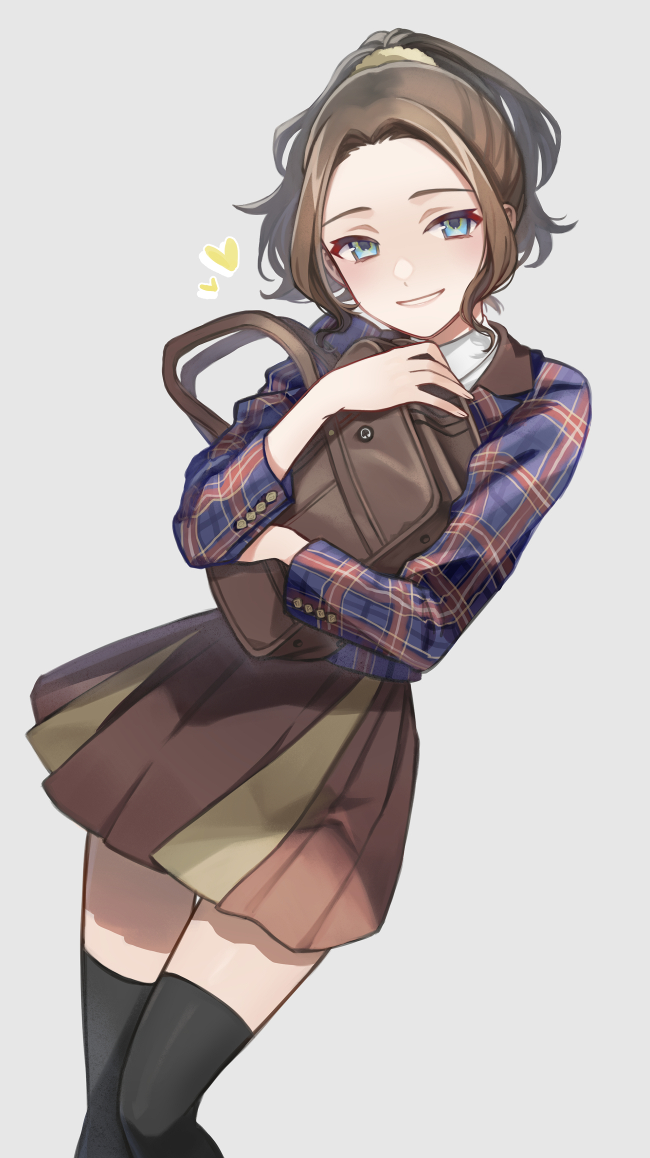 Safebooru - 1girl bag bangs black thighhighs blue eyes blue jacket brown bag brown hair brown ...