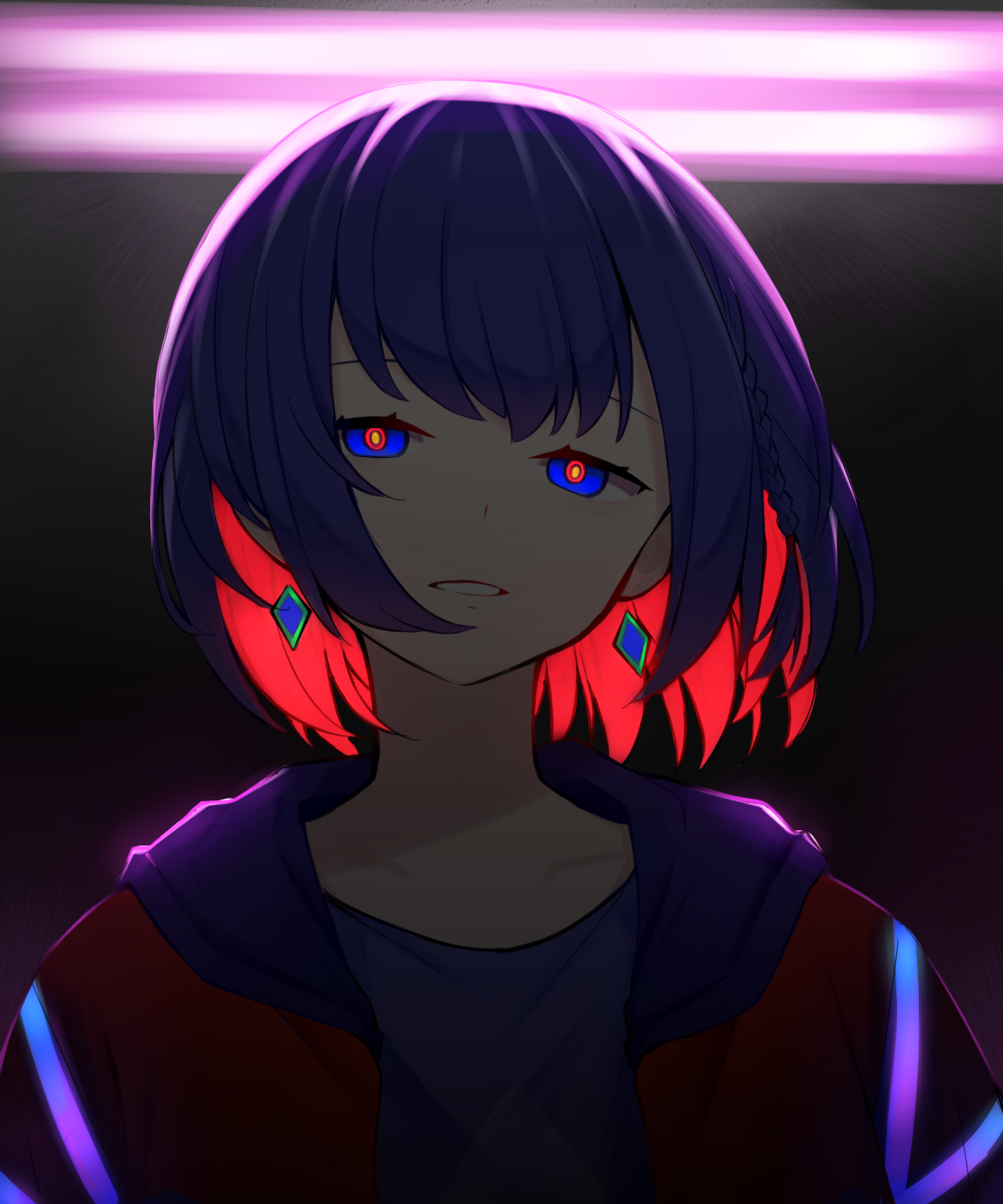 Safebooru - 1girl backlighting bangs black background blue eyes bob cut braid bright pupils ...