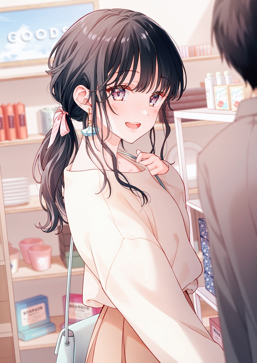 Safebooru - 1boy 1girl :d aoi yuki bag bangs black hair blue bag blurry blurry background blurry ...