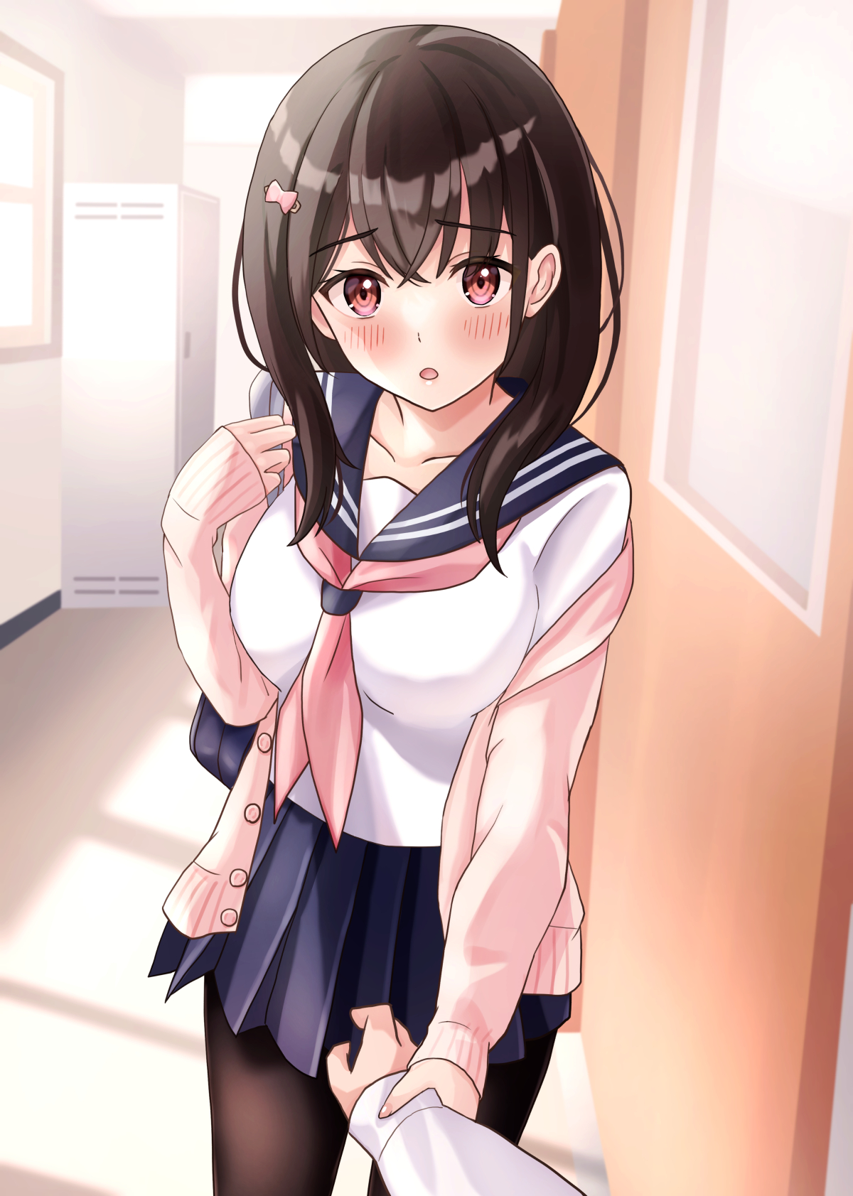 Safebooru - 1girl 1other bag bangs black hair blue sailor collar blue skirt blush bow breasts ...