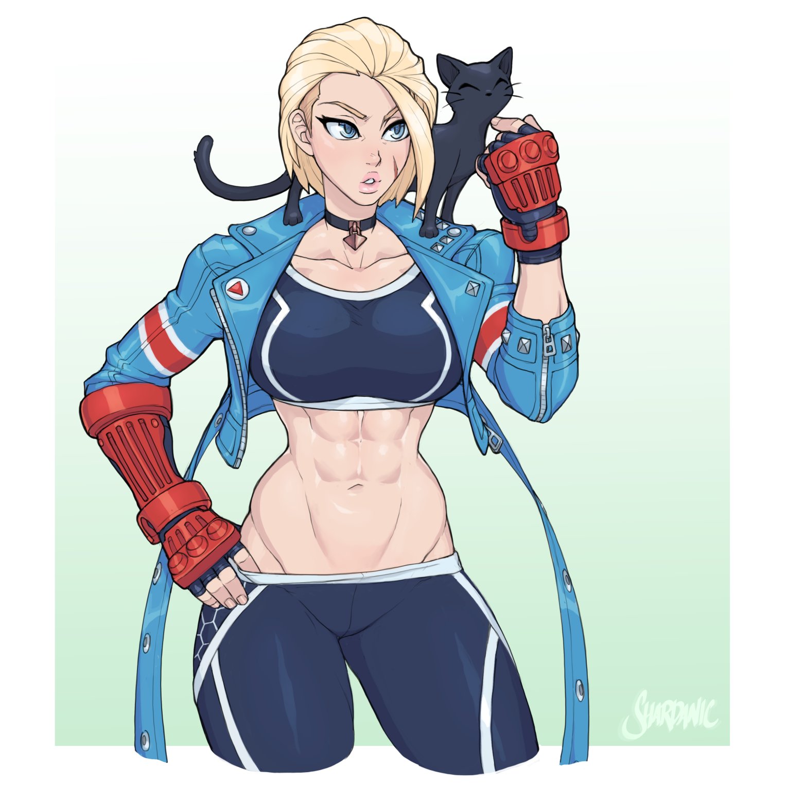 Safebooru - 1girl abs antenna hair artist name belt black cat blonde hair blue eyes blue jacket ...