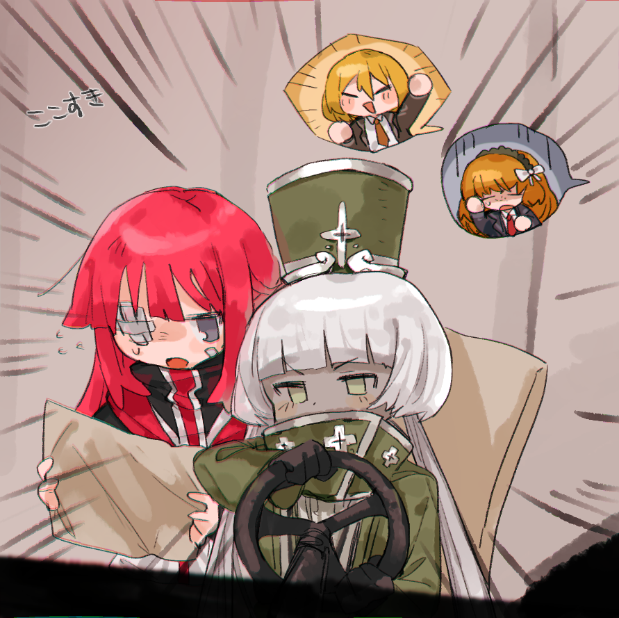 Safebooru - 4girls bandage over one eye bangs black jacket blonde hair ...