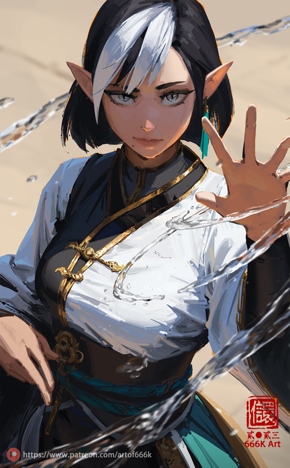 Safebooru - 1girl artist name black hair chinese clothes closed mouth earrings grey eyes hand up ...
