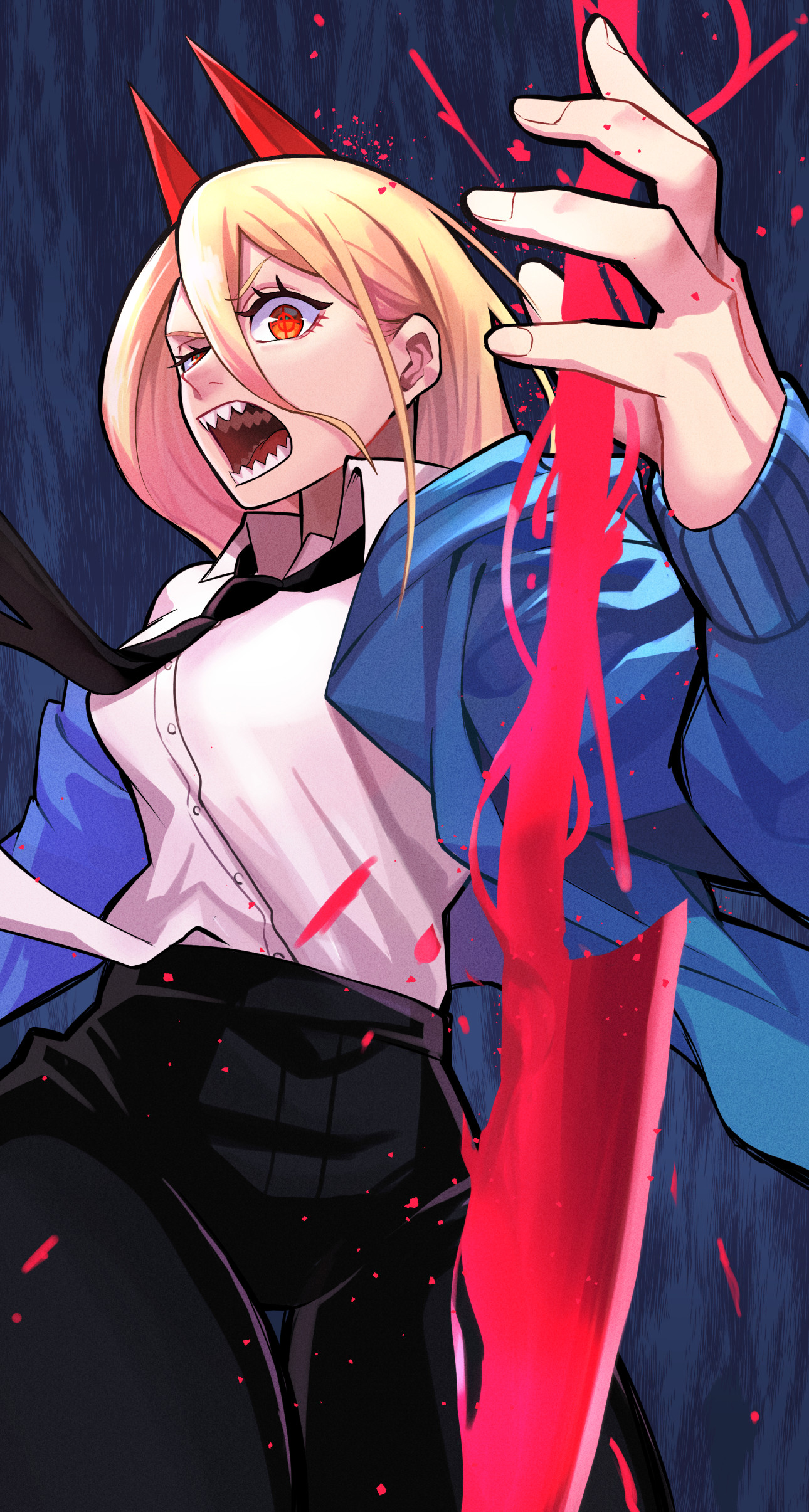 Safebooru - 1girl absurdres bangs black necktie black pants blonde hair blood blue hoodie ...