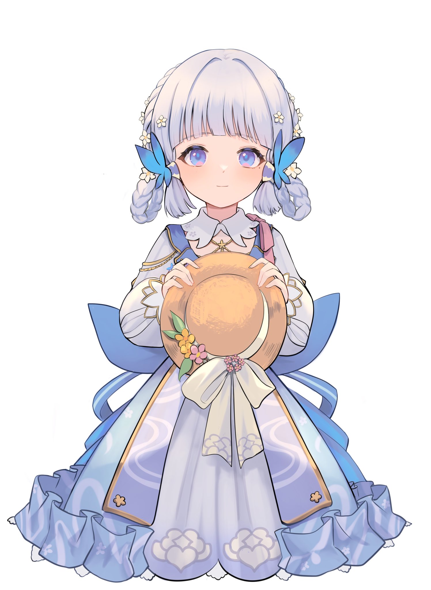 Safebooru - 1girl aged down blue butterfly blue dress blue hair blunt tresses brown headwear bug ...