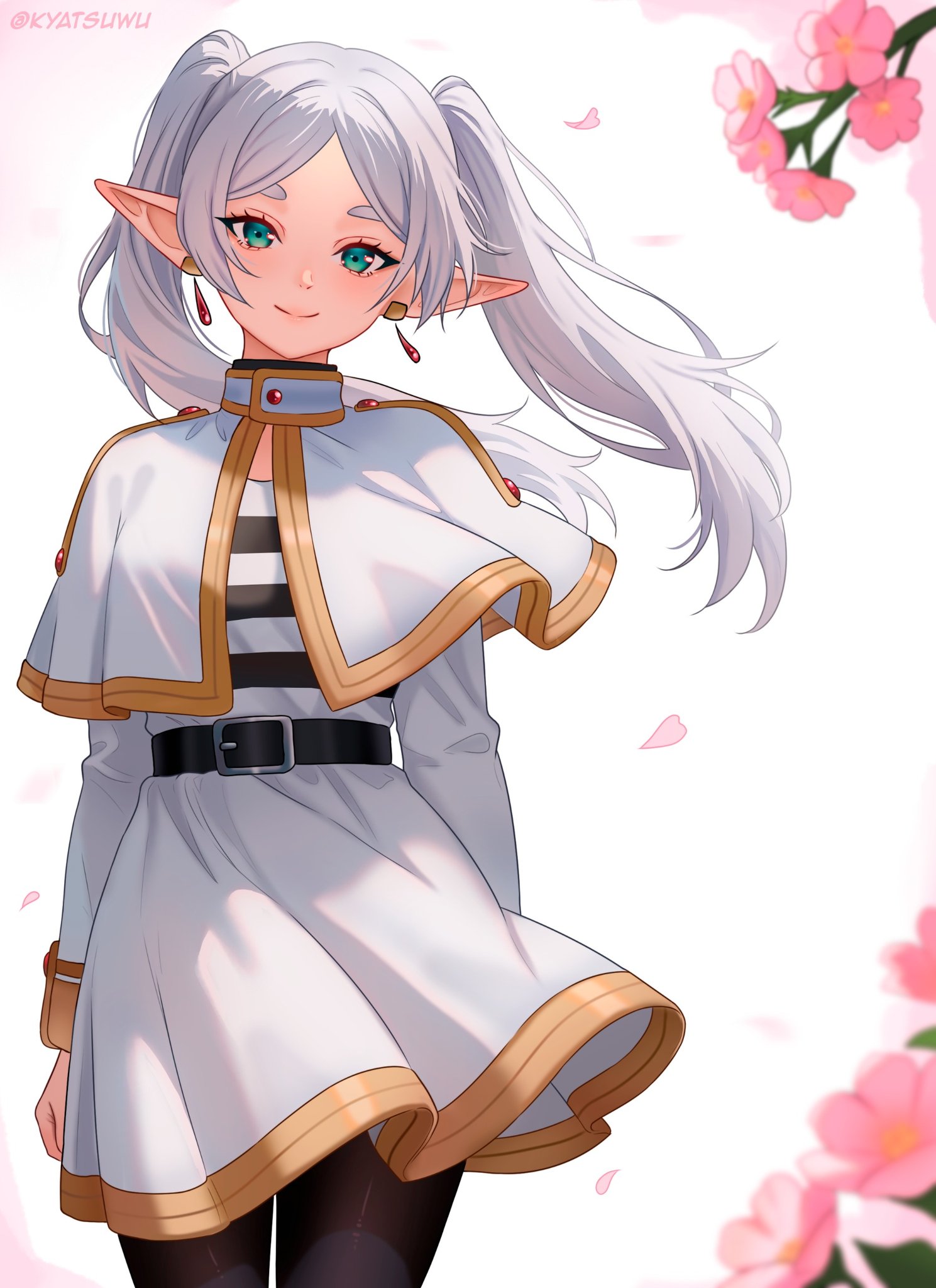 Safebooru - 1girl artist name belt black pantyhose breasts capelet cherry blossoms closed mouth ...