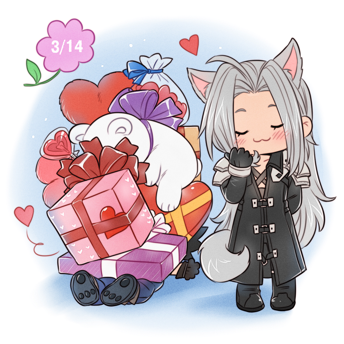 Safebooru - 2boys animal ears arm behind back armor bag baggy pants black boots black coat black ...